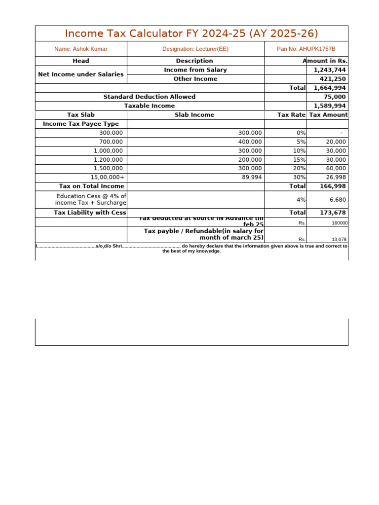 Income Tax Calculator FY 2024 25 Ashok | PDF | Income Tax | Tax Bracket