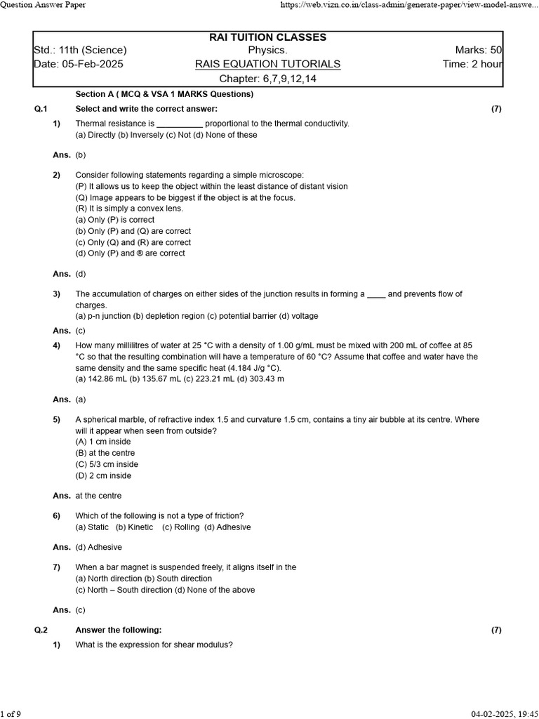 Xi Physics 50 M 09.02.25 Soln A | PDF | P–N Junction | Magnetic Field
