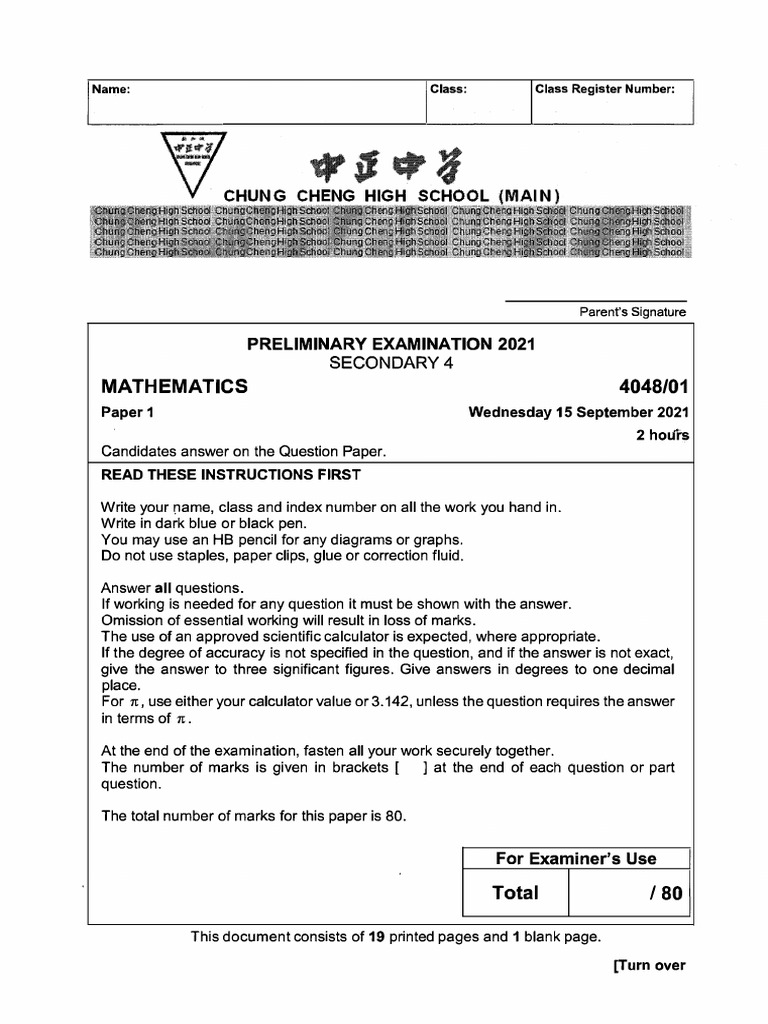 E-Math - Sec 4 Prelims Exam Paper - 2021 - Chung Cheng High Main (1) | PDF