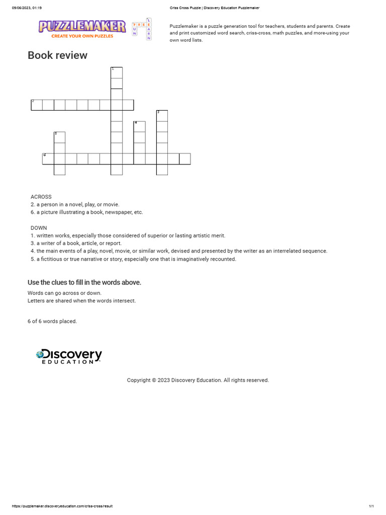 Criss Cross Puzzle - Discovery Education Puzzlemaker | PDF