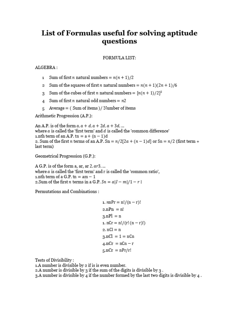 Aptitude Formulas for Quick Reference | PDF | Area | Elementary Mathematics