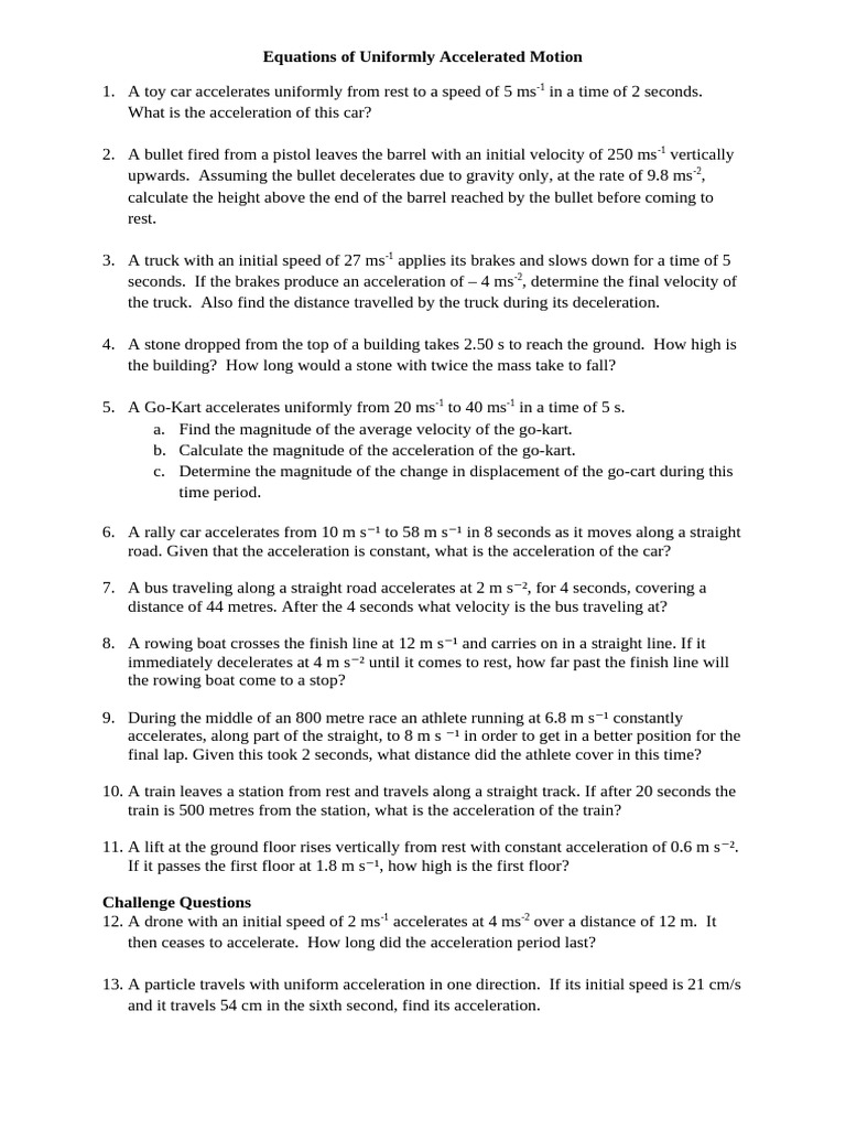 Equations of Motion Worksheet | PDF | Acceleration | Velocity