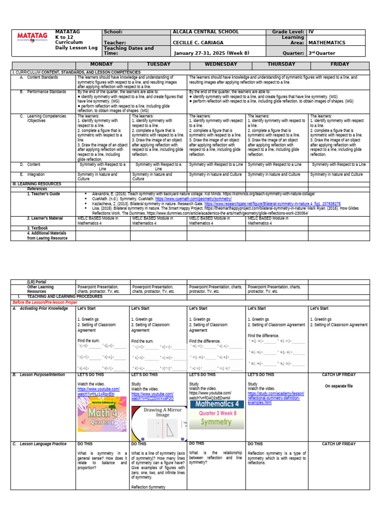 Matatag DLL Week 8 Math g4 q3 | PDF | Shape | Triangle