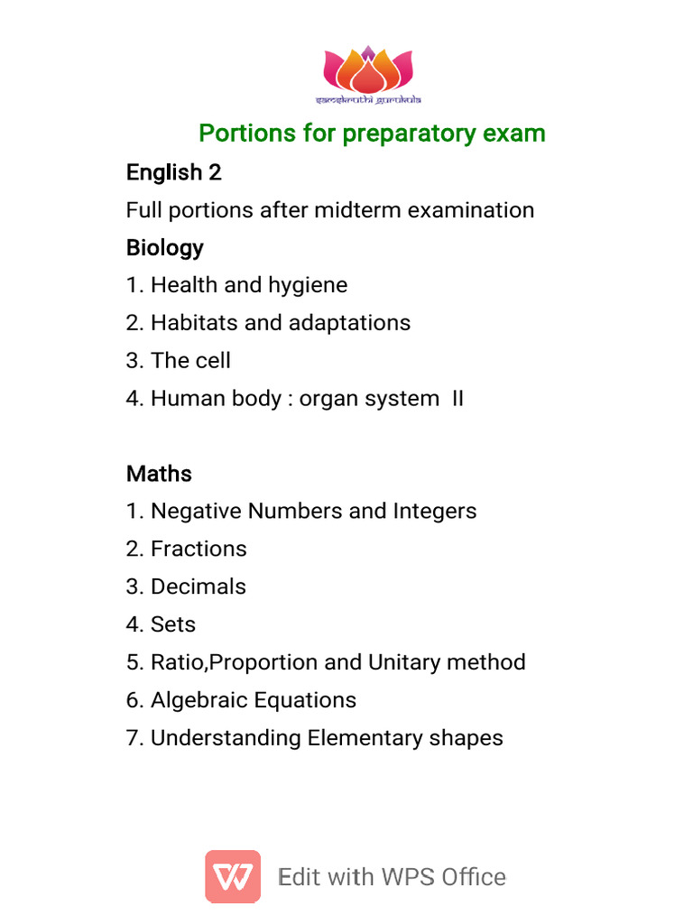 6th STD Portions For Preparatory Exam | PDF