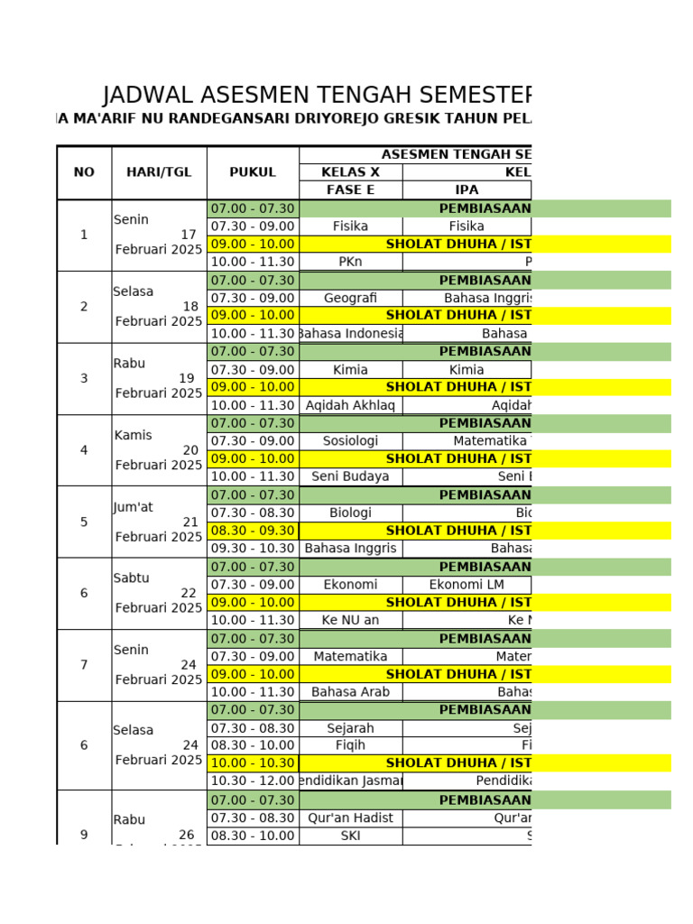Jadwal Ats Klas X & Xi | PDF