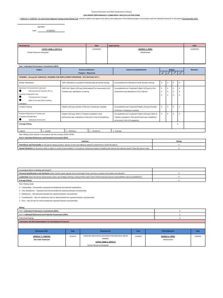 JAP Job Order Performance Commitment and Evaluation Form 2023 ARNOLD ...