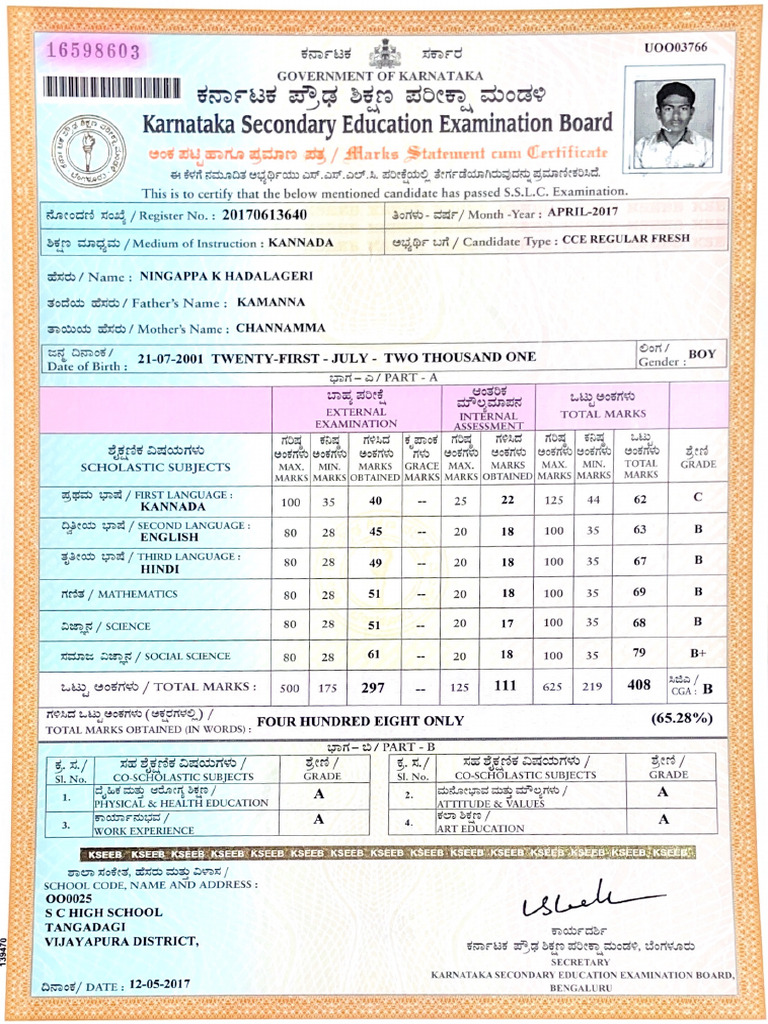 Ningappa SSLC Marks Card | PDF