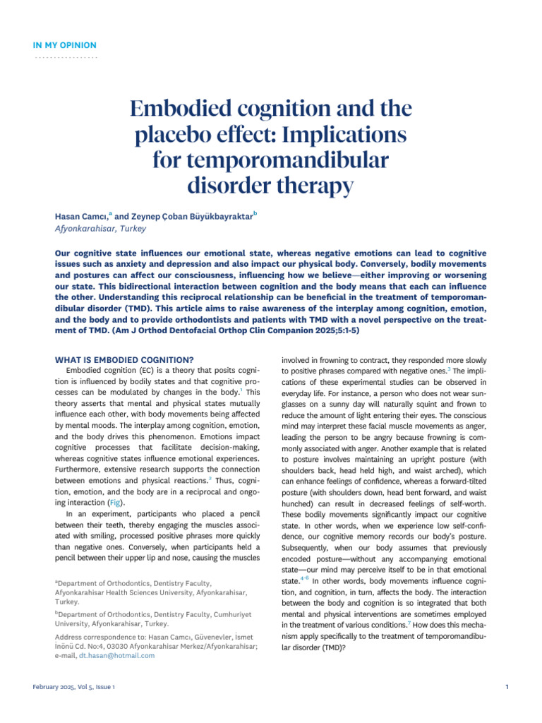 Embodied Cognition and The Placebo Effect Implica | PDF | Cognitive Behavioral Therapy | Emotions