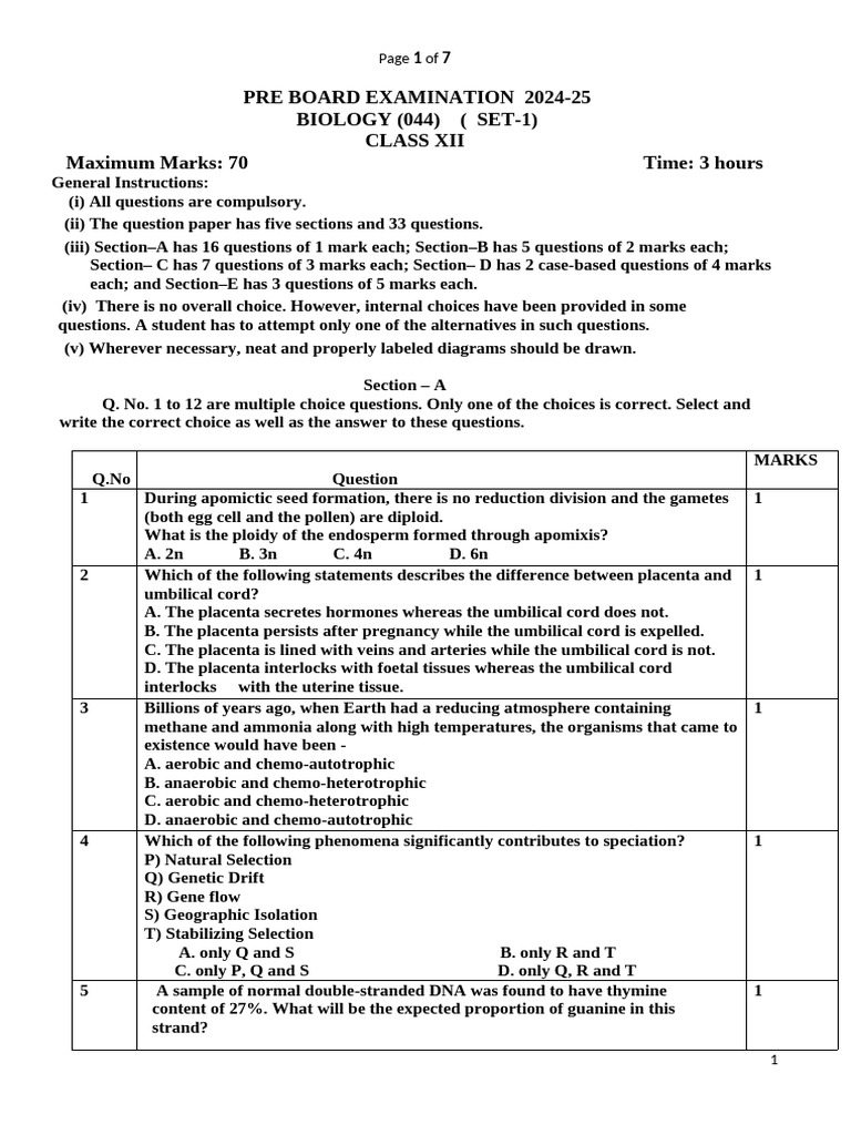 BIO QP SET-1 (PB 2024-25) | PDF | Genetics | Molecular Cloning