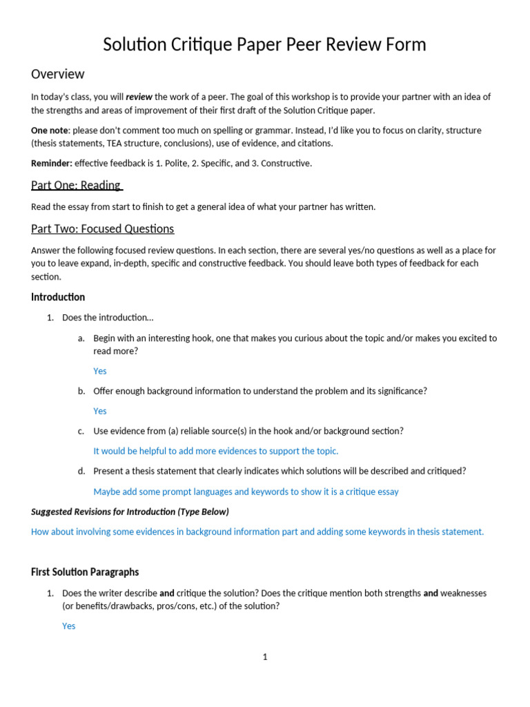 Solution Critique Paper Peer Review Form | PDF
