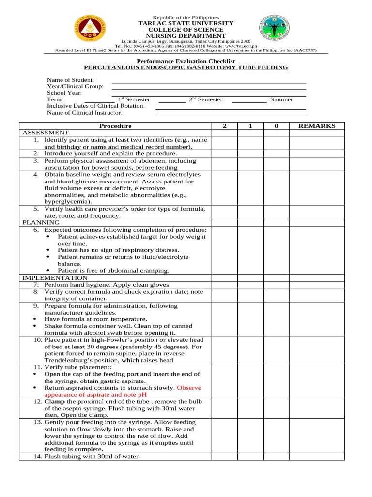 Procedural Checklist PERCUTANEOUS ENDOSCOPIC GASTROTOMY TUBE FEEDING ...