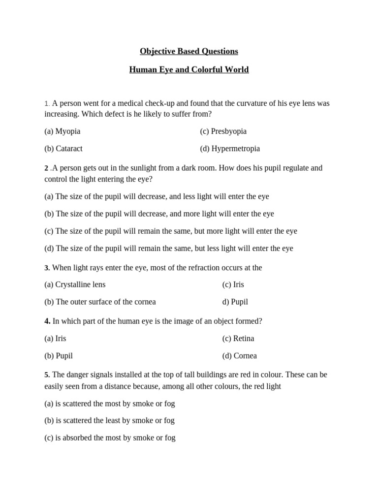 Human Eye and Colorful World Objective Questions | PDF | Human Eye ...