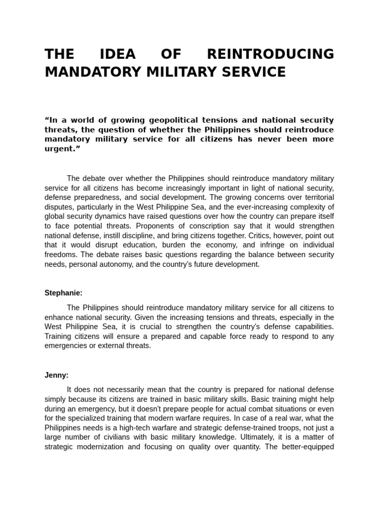 Reintroducing Military Service in the Philippines | PDF | National ...