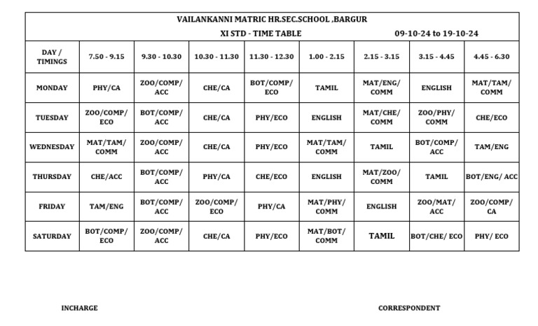 XI - STD TIMETABLE 2024-2025 (09-10-24 To 19-10-24) | PDF