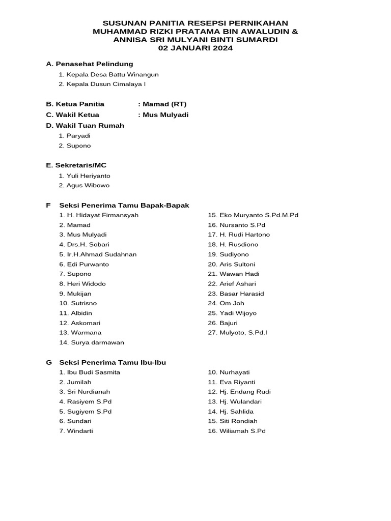 Susunan Panitia Resepsi Pernikahan | PDF