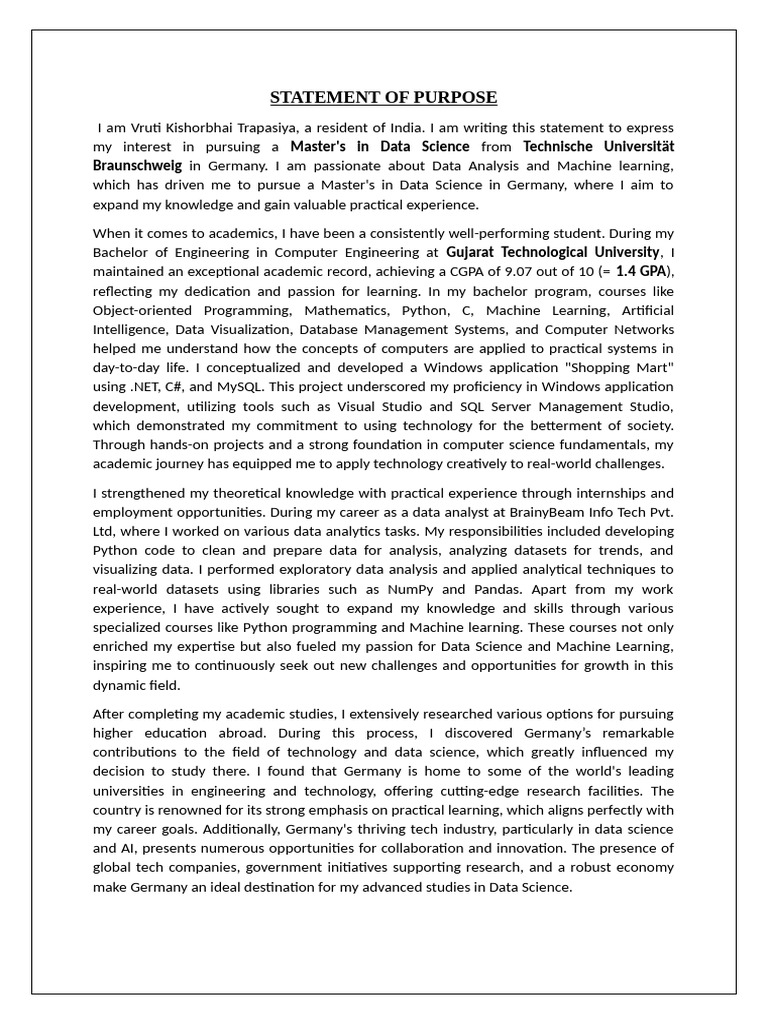 STATEMENT OF PURPOSE_VRUTI_Final1 | PDF | Data Analysis | Data