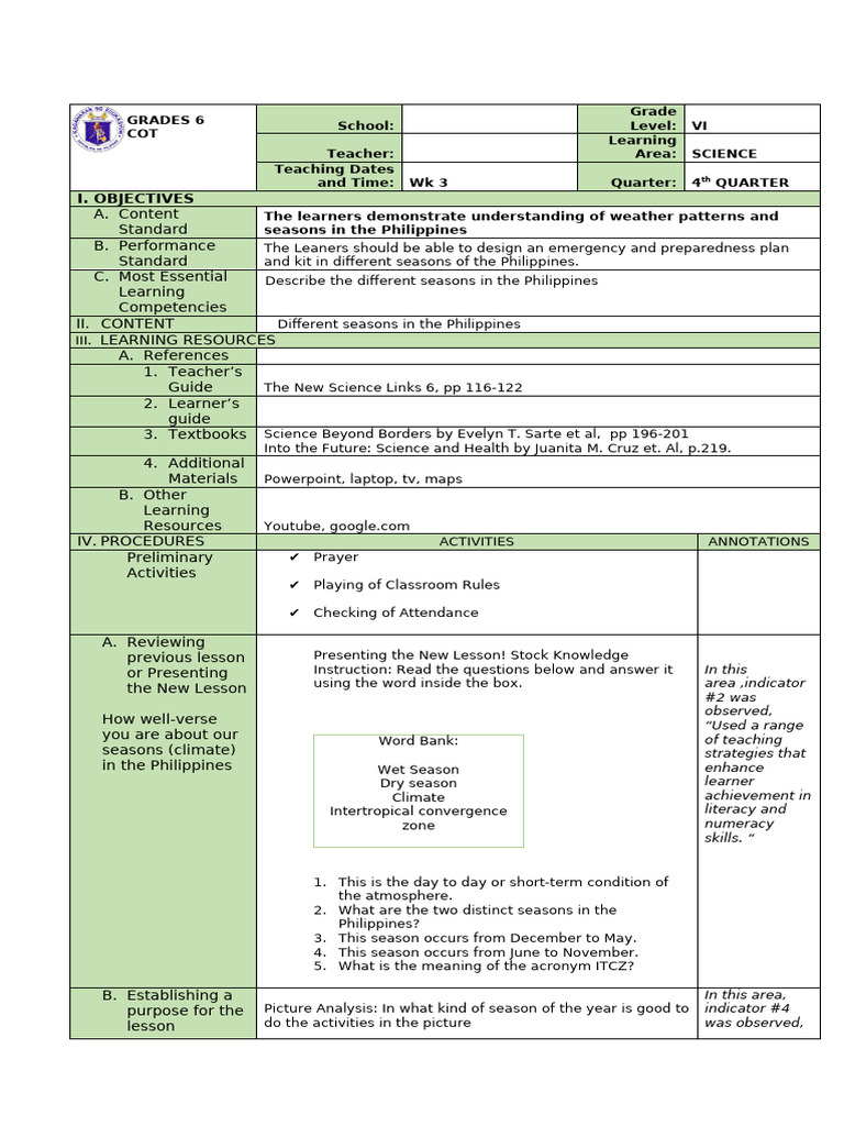 Sci 6 Q4 w3 - Describe The Different Seasons in The Philippines-F | PDF | Rain | Wet Season