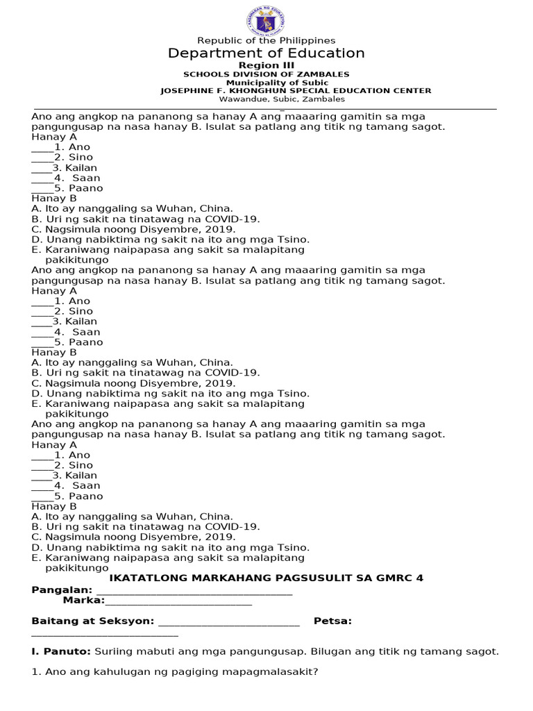 Ikatatlong Markahang Pagsusulit Sa GMRC 4 | PDF