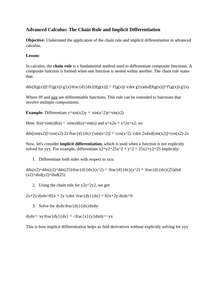 Advanced Calculus: The Chain Rule and Implicit Differentiation | PDF