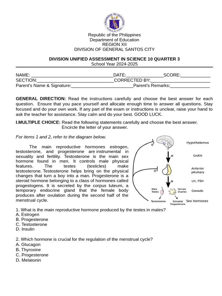 Sci 10 3rd Quarter Exam | PDF | Menstrual Cycle | Luteinizing Hormone