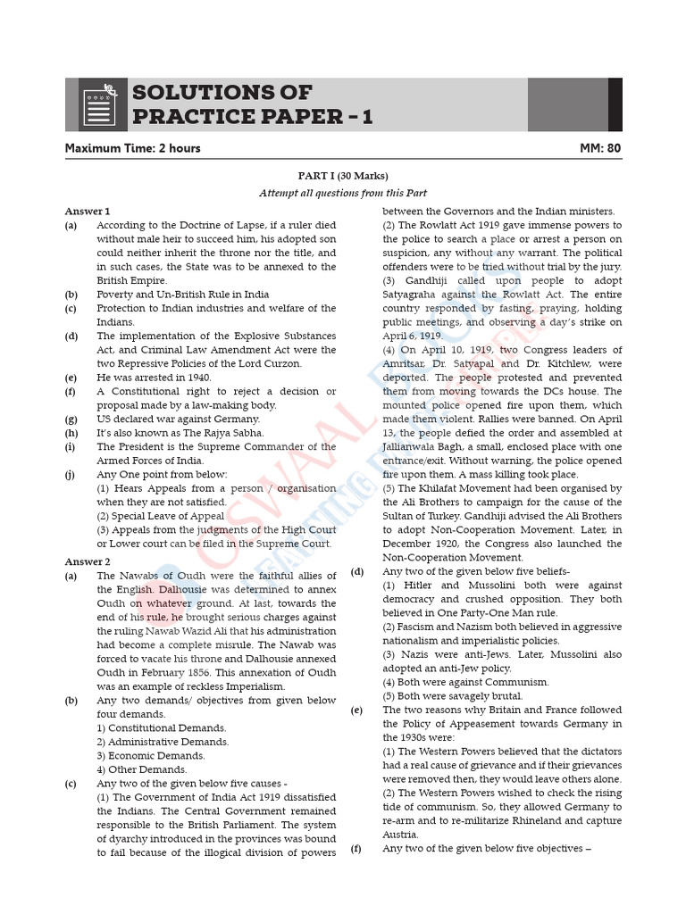 Practice Paper 1 Solutions: History & Civics | PDF | British Raj ...
