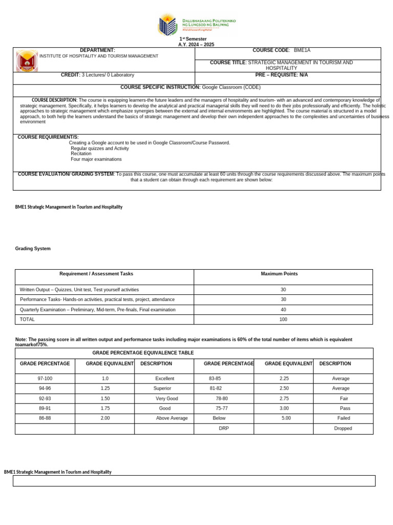 Syllabus in Bme1 2024-2025 | PDF | Strategic Management | Educational Technology