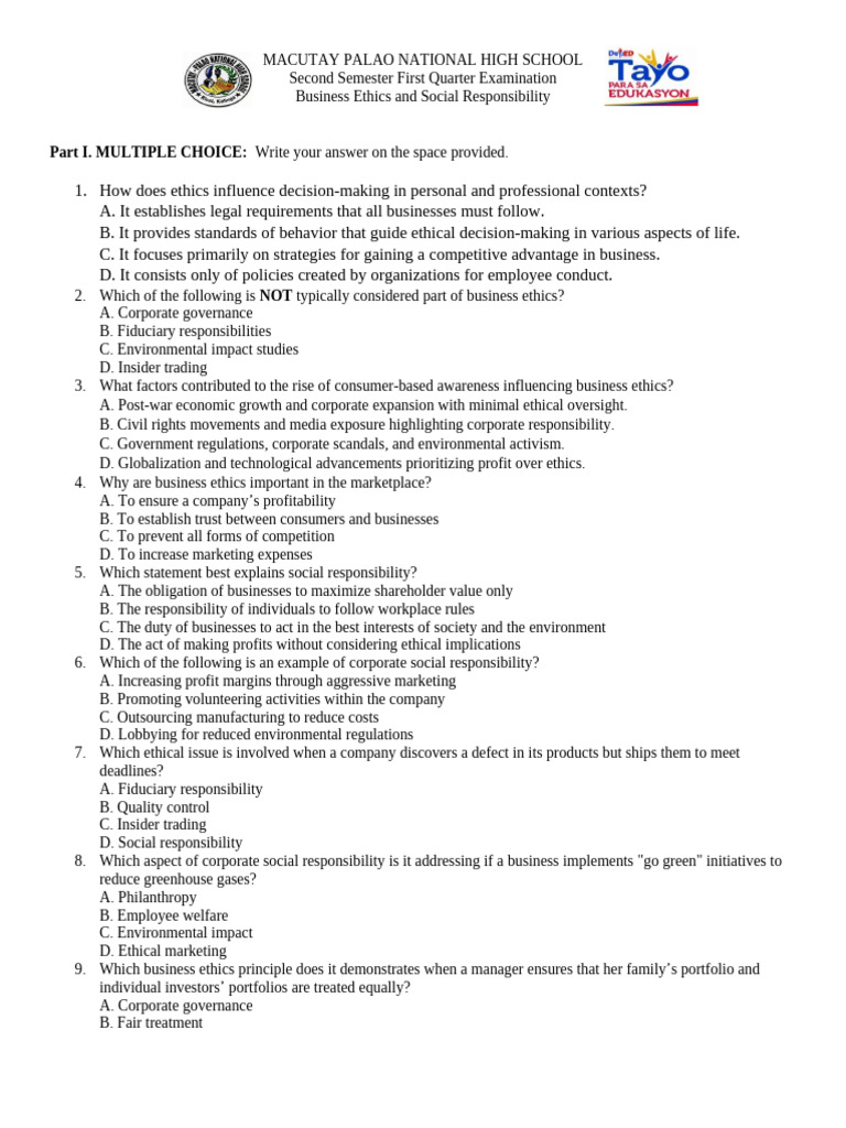 BUSETHICS Q3 EXAM | PDF | Limited Liability Company | Business Ethics