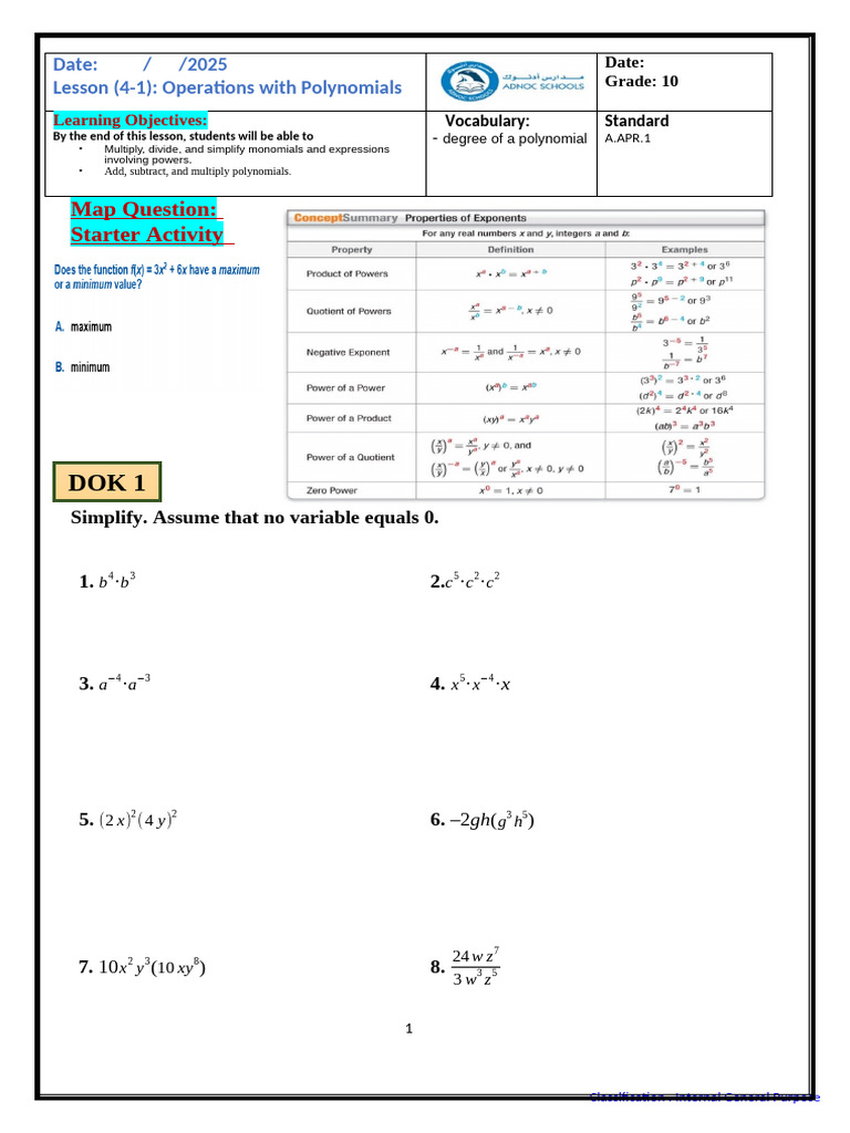 Worksheet1 - Operations With Polynomials | PDF