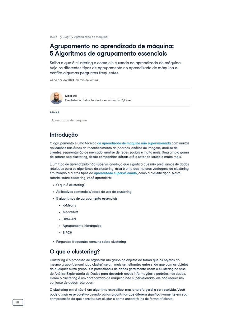 Agrupamento No Aprendizado de Máquina - 5 Algoritmos de Agrupamento Essenciais - DataCamp | PDF ...