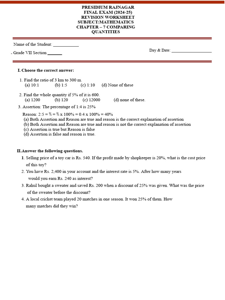 Grade VII Math Revision: Comparing Quantities | PDF
