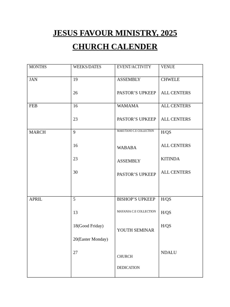 Jesus Favour Ministry, 2025 Church Calender: Months Weeks/Dates Event ...