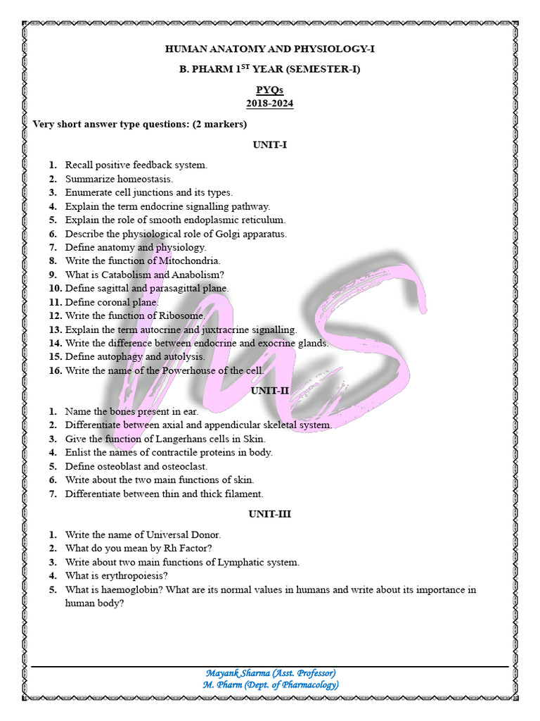 HAP-I Two Marks PYQs 2018-24 (Unitwise) | PDF | Human Body | Anatomy