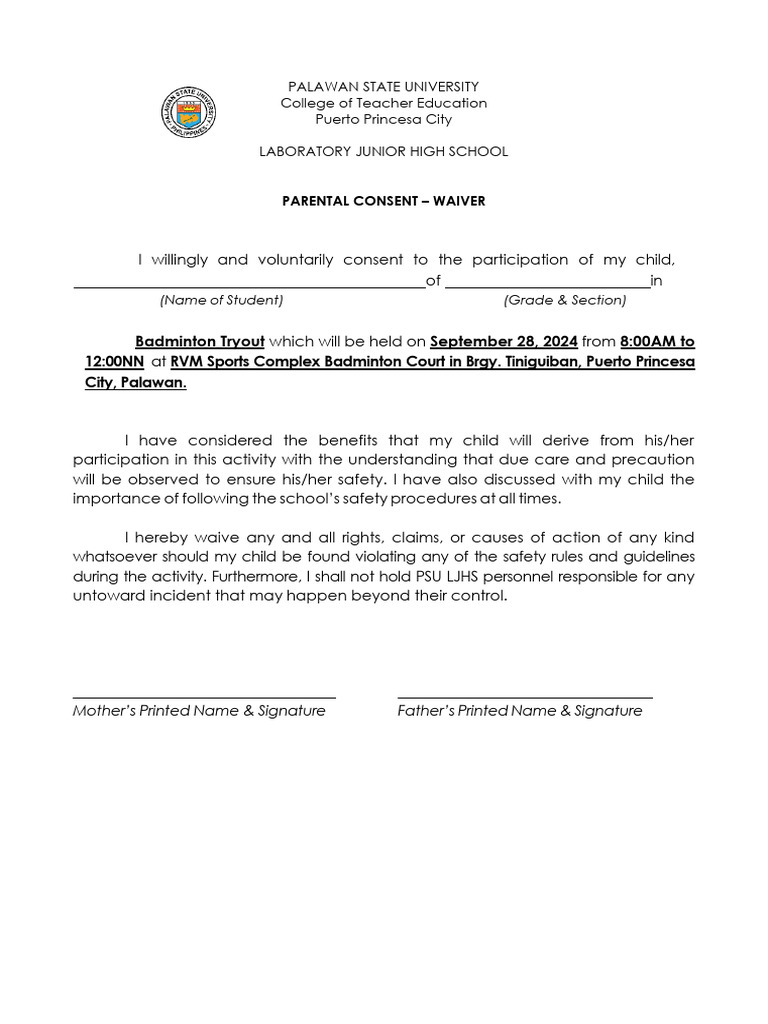 Parent Consent for Badminton Tryout | PDF
