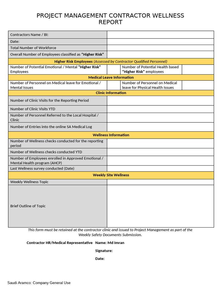 Saudi Aramco Contractor Wellness Report | PDF