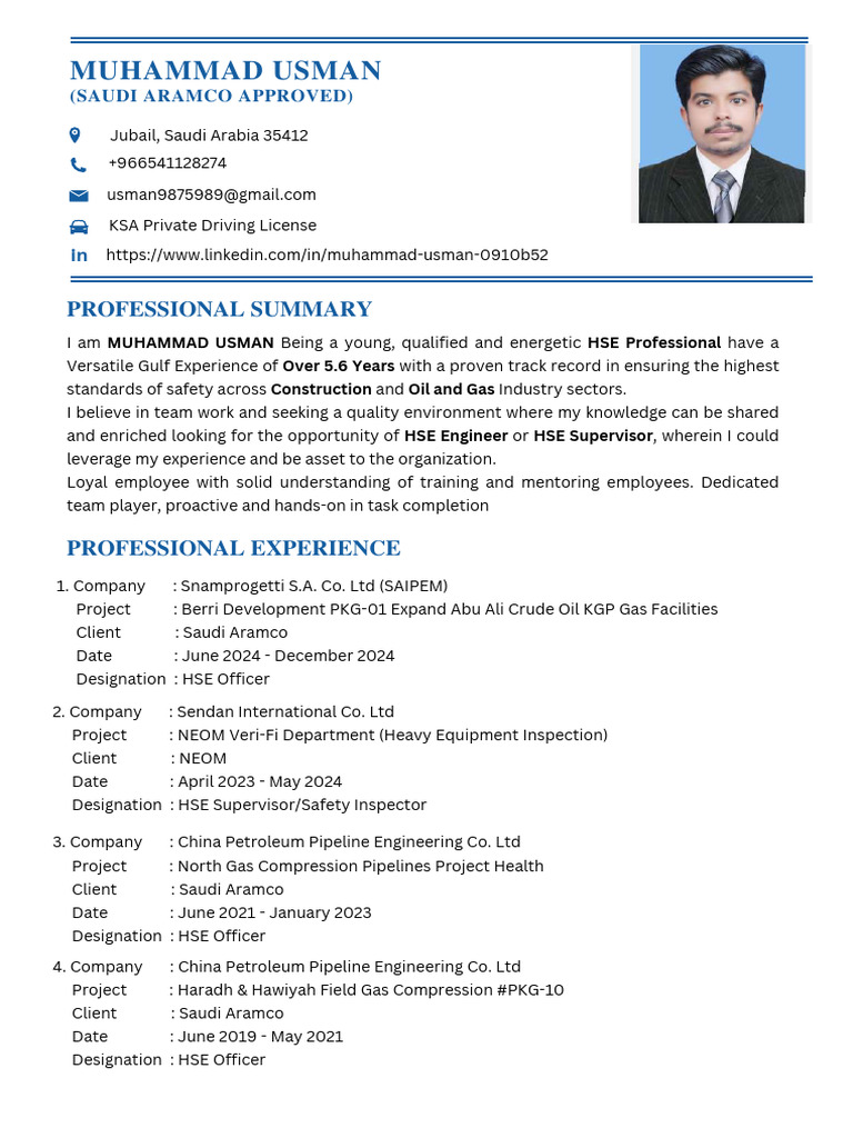m.usman Sa Cv Compressed | PDF | Safety | Saudi Arabia