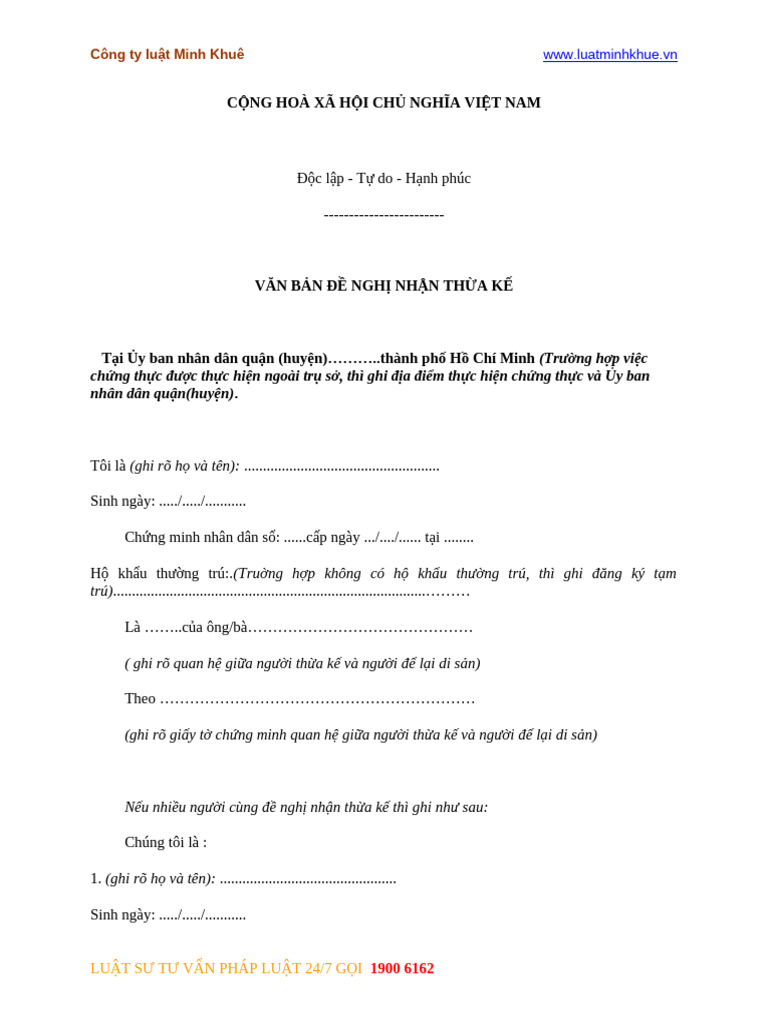 Mau Van Ban de Nghi Nhan Thua Ke | PDF