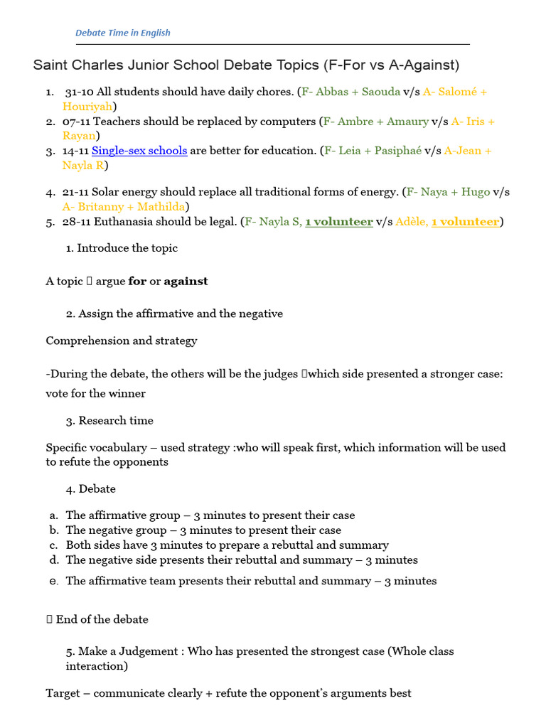 Debate Time in English 2024-25 - Pupils' | PDF