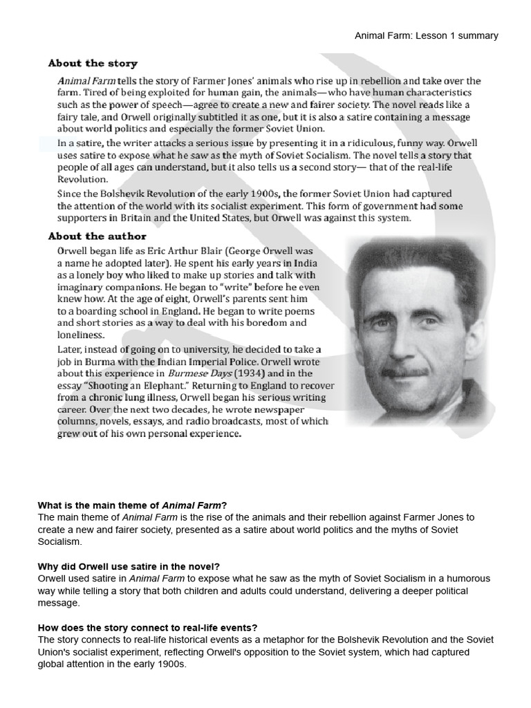 Animal Farm - Lesson 1 Summary | PDF | George Orwell