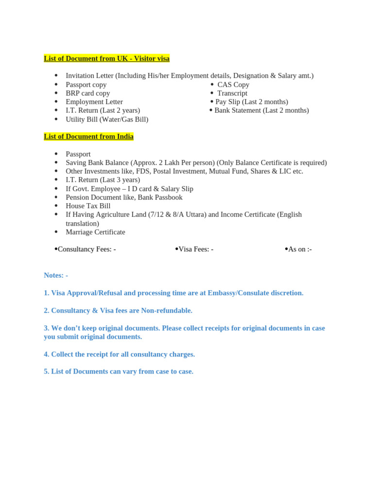 UK Visitor Visa Document Checklist | PDF