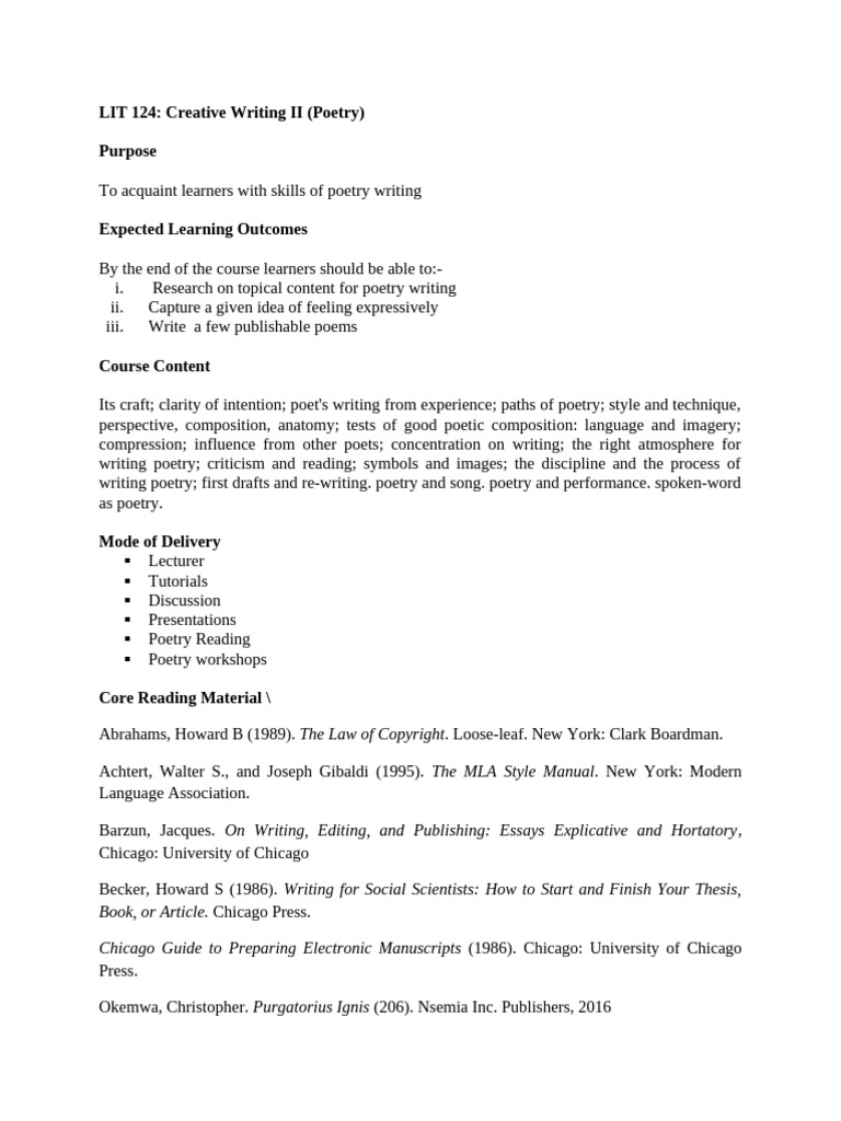1.2 LIT 124. Creative Writing Poetry Course Outline. | PDF | Poetry | Written Communication