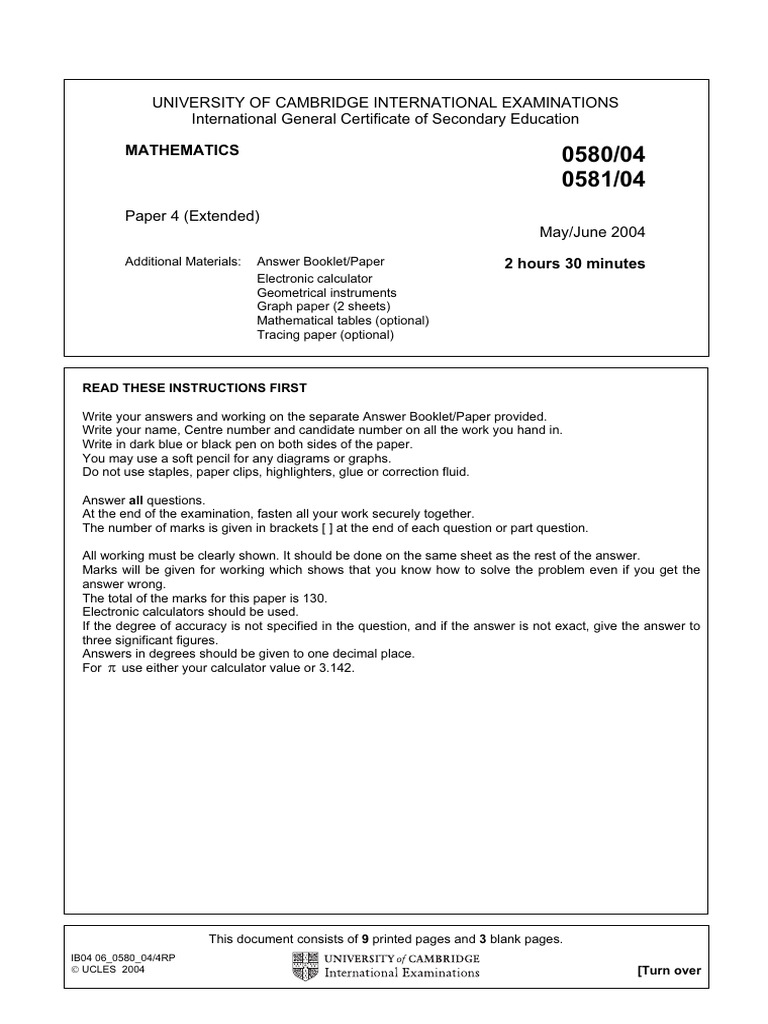 Cambridge IGCSE Mathematics Exam Paper 2004 | PDF | Significant Figures ...