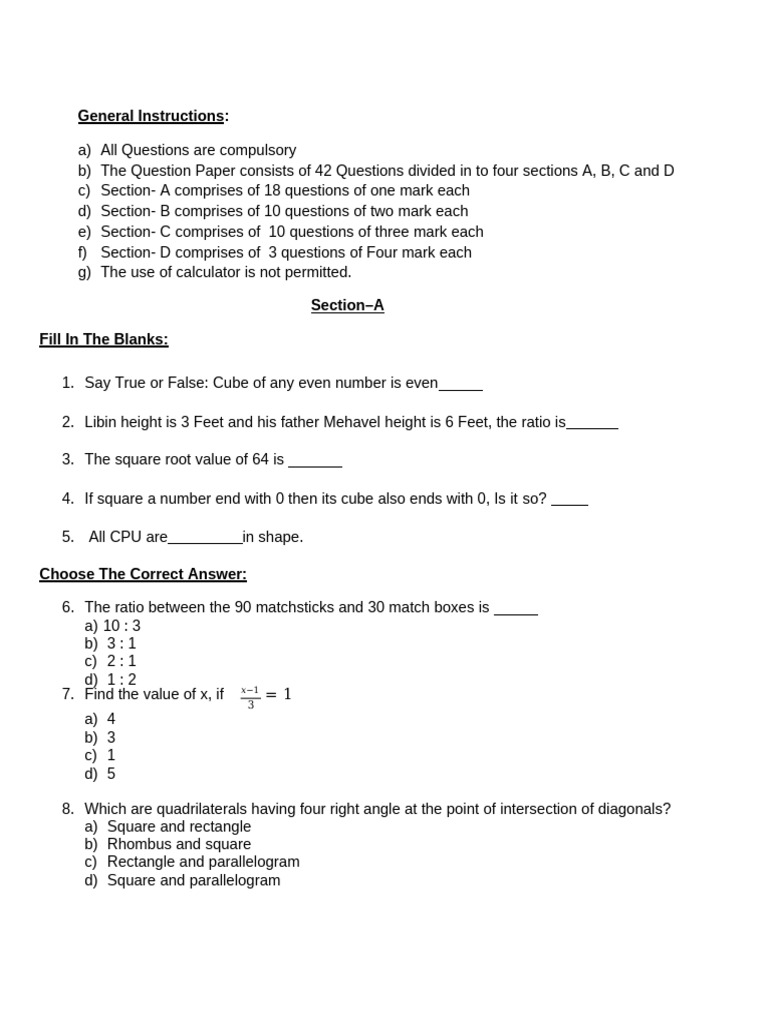 Class 8 Maths Set I Sample Papers | PDF | Rectangle | Elementary Geometry