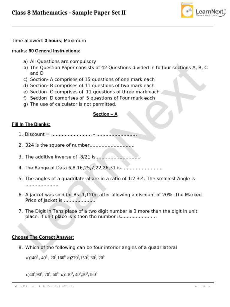 Class 8 Math Sample Paper Set II | PDF | Elementary Geometry ...
