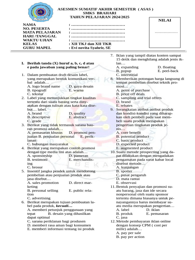 Soal Pkwu 12 ASAS 2024-2025 SMK BRAHARI | PDF
