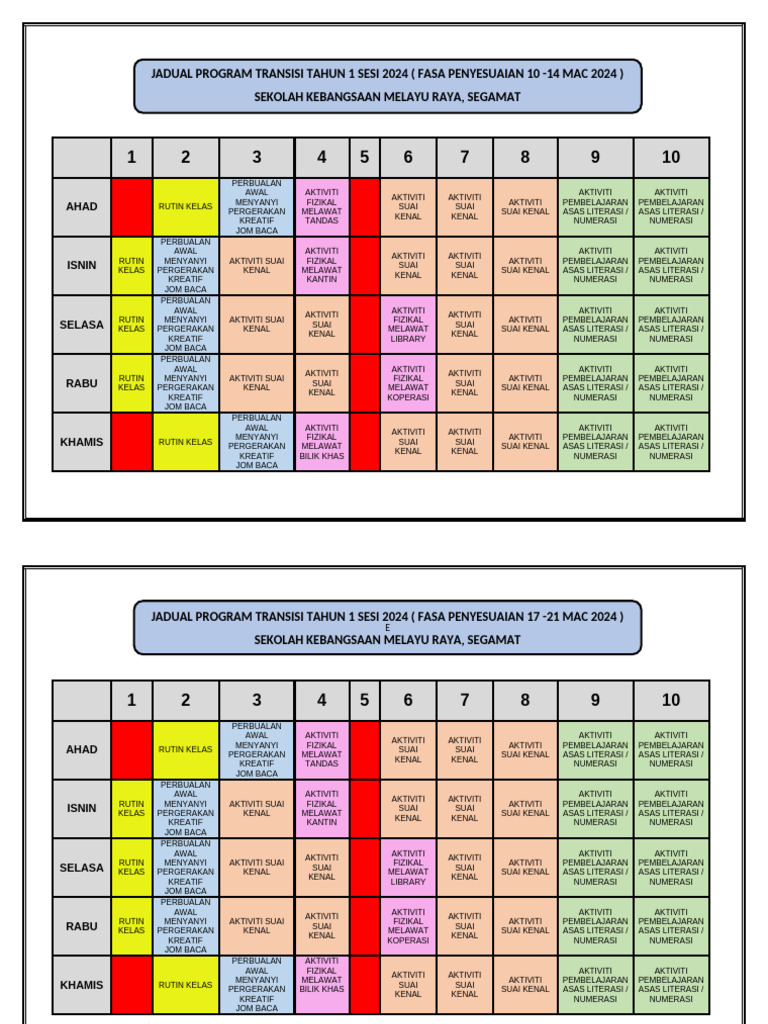 Jadual Program Transisi Tahun 1 Sesi 2024 | PDF