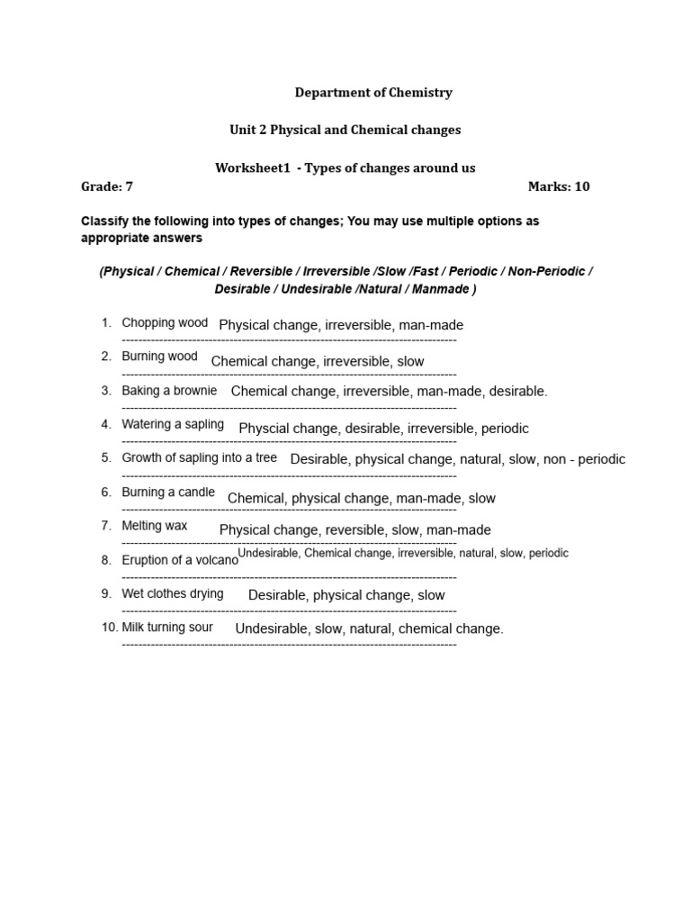 Unit 2 Assignment Worksheet 1 - Types of Changes Around Us | PDF
