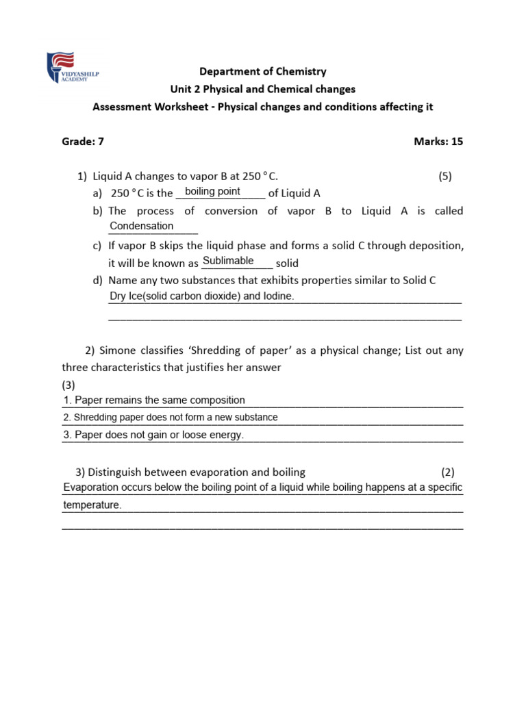 Grade 7 Physical & Chemical Changes Worksheet | PDF | Transparent ...