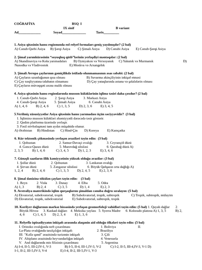 Coğrafi̇ya 9 BSQ 1 | PDF