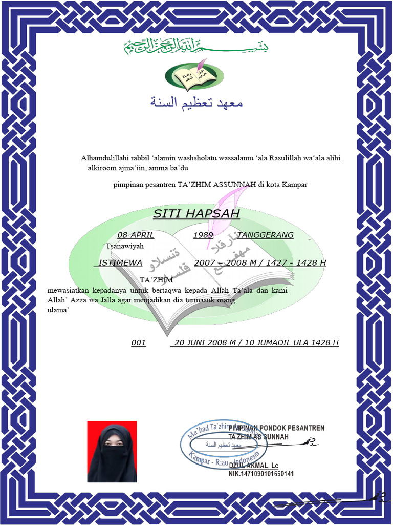 Syahadah atau Ijazah Ketua dan Pengajar TPQ Al-Asyaman | PDF