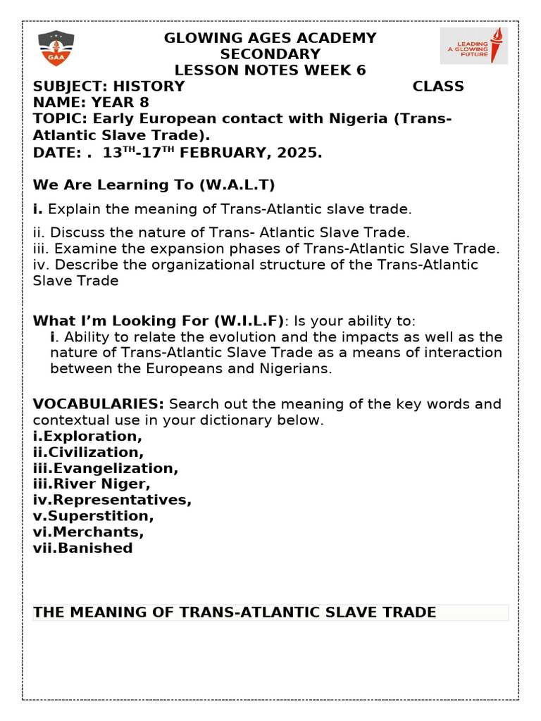 Term 2 Lesson Note For Year 8 History Week 6 | PDF | Atlantic Slave ...